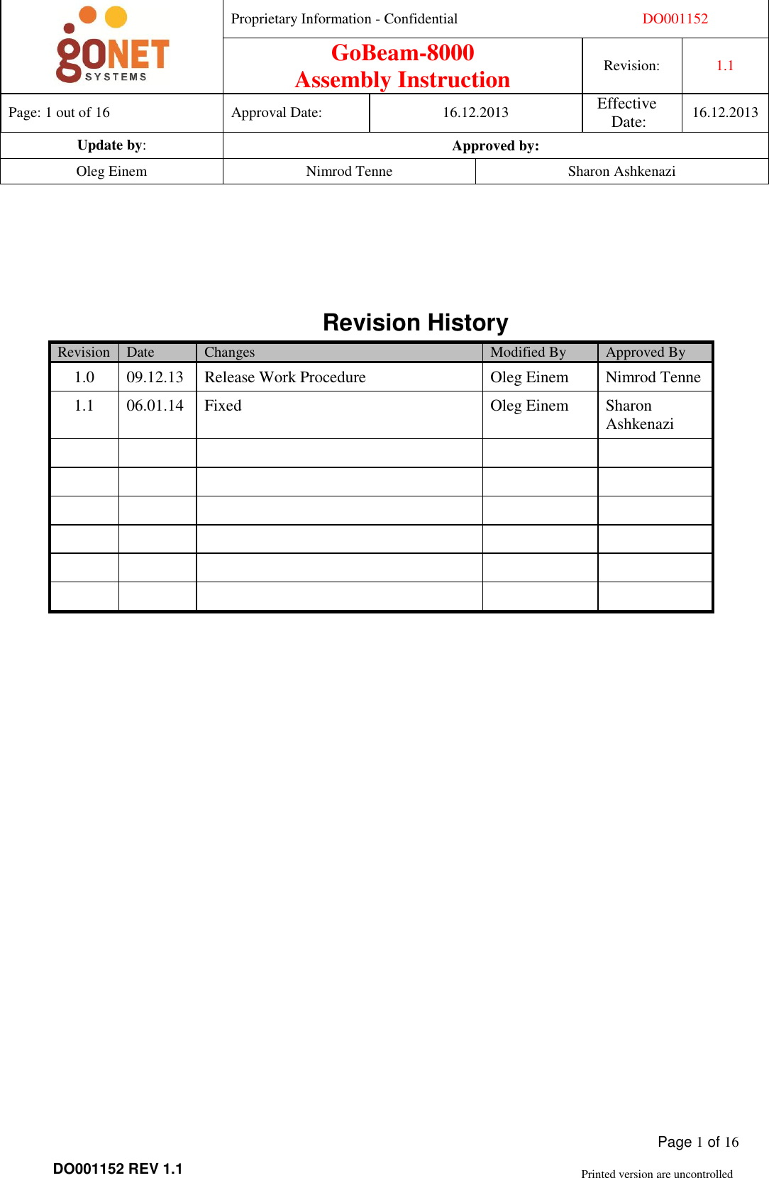 GoNet Systems GB8000F-000 802.11b/g/a/n Wireless Access Point User Manual Revision History