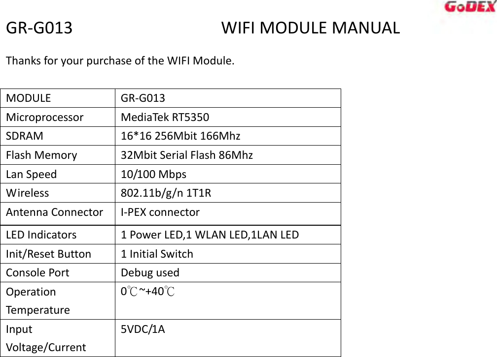 Godex GRG013 WLAN IP Print Server Module User Manual