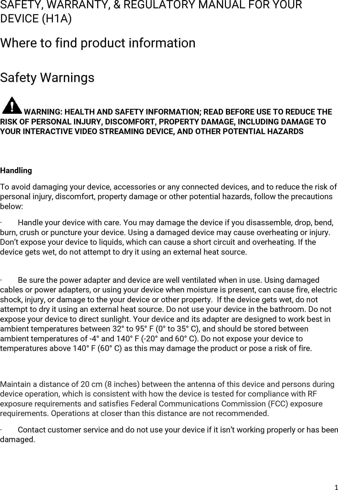 Google H1A Interactive Video Streaming Device User Manual