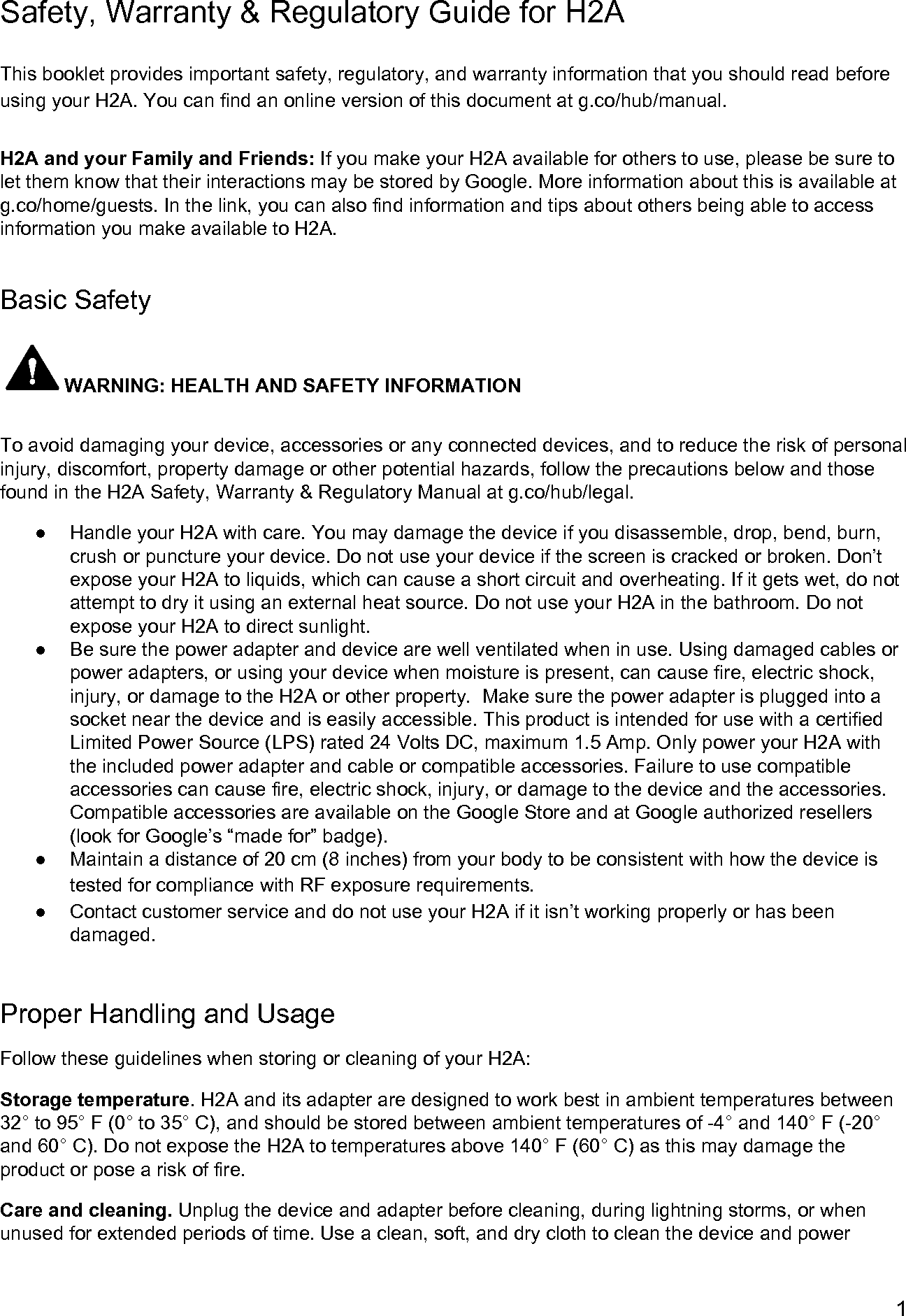 Google H2A Interactive Video Streaming Device User Manual