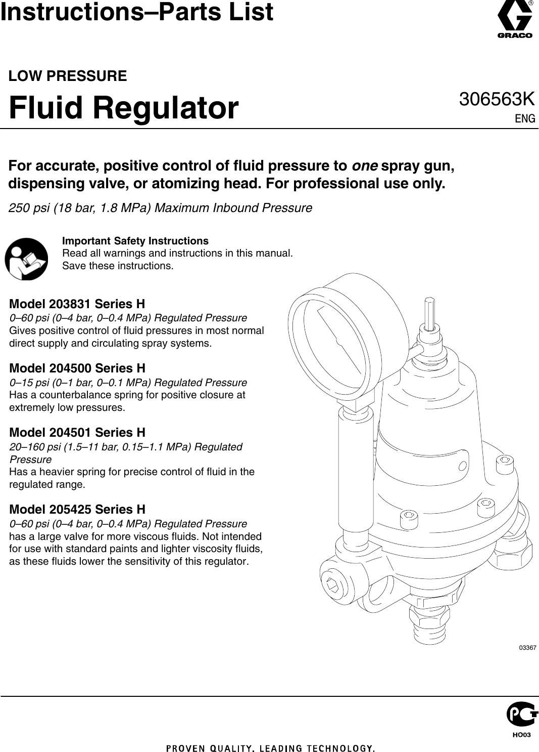 Graco 306563K Low Pressure Fluid Regulators Users Manual 306563K, Regulators, Instruction Parts ...