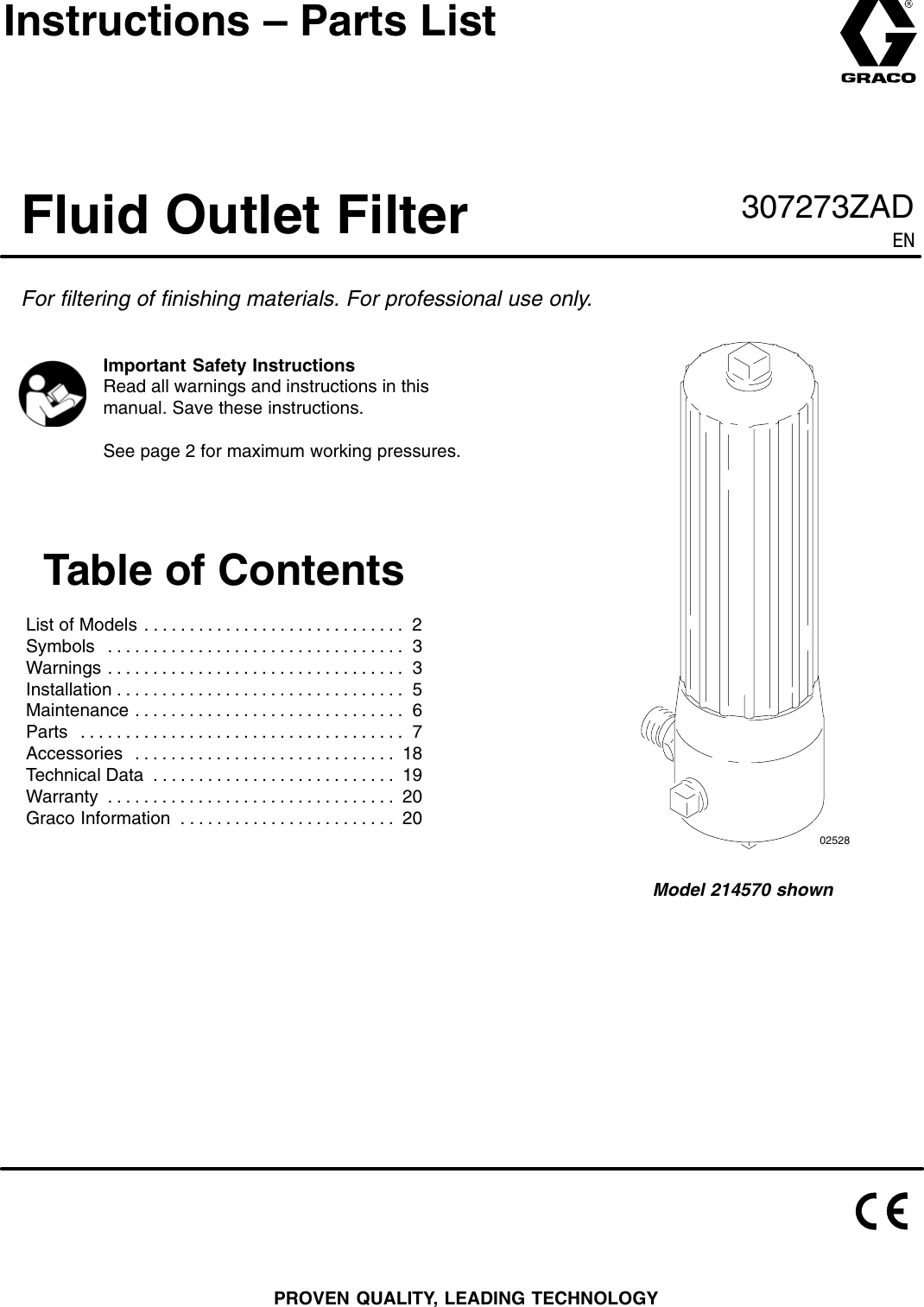Graco 307273Zad Fluid Outlet Filter Users Manual Filter, Instructions ...