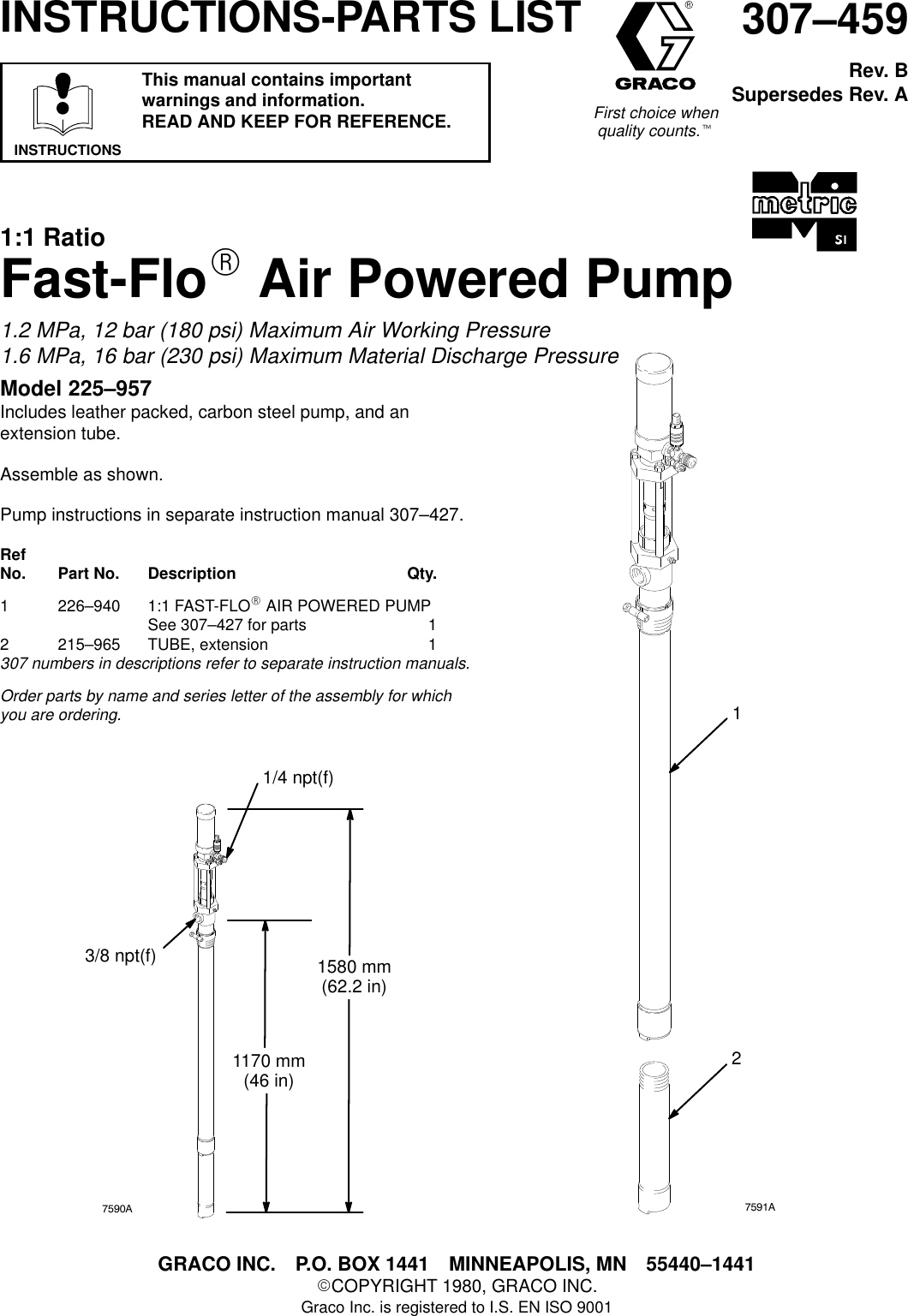 Graco 307459B 1 Ratio Fast Flo Air Powered Pump Users Manual