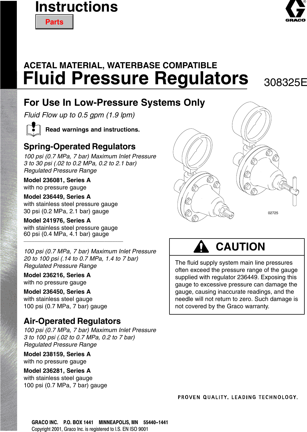 Graco 308325E Fluid Pressure Regulators Users Manual