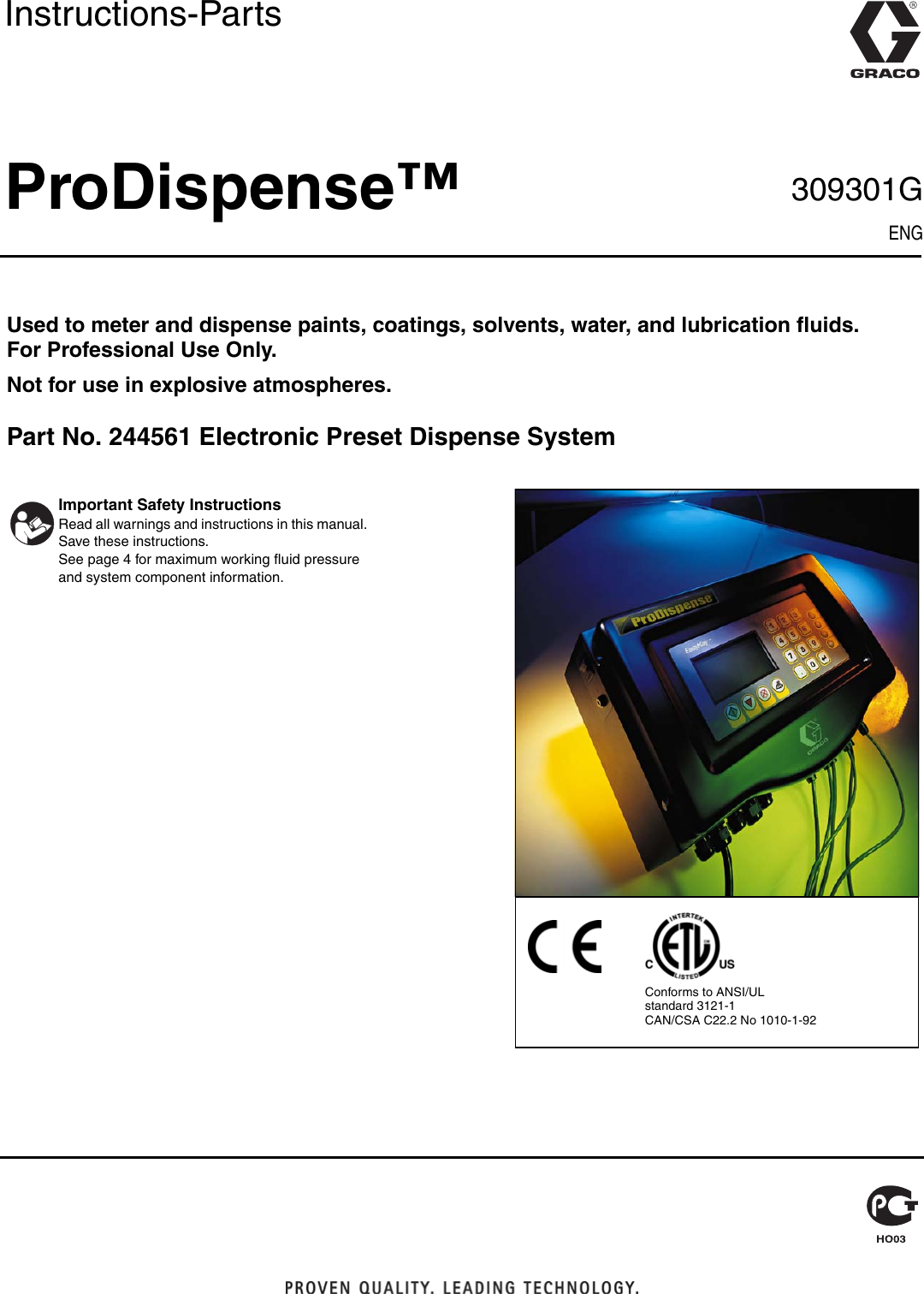 Graco 309301G Prodispense Electronic Preset Dispense System Users ...