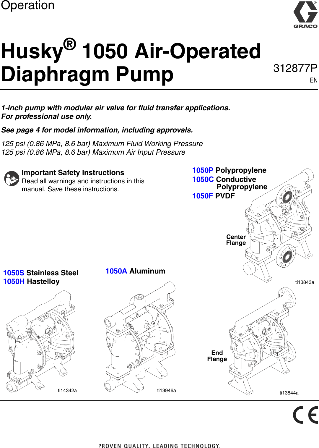 Graco 312877P Husky 1050 Air Operated Diaphragm Pump Users Manual 312877P, Pump, Operation, English