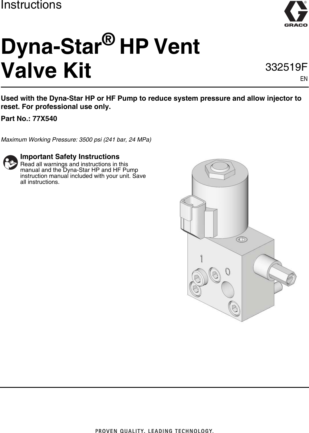 Graco 332519F Vent Valve Kit For Electric Dynastar Pumps Users Manual Pumps, Instructions, English
