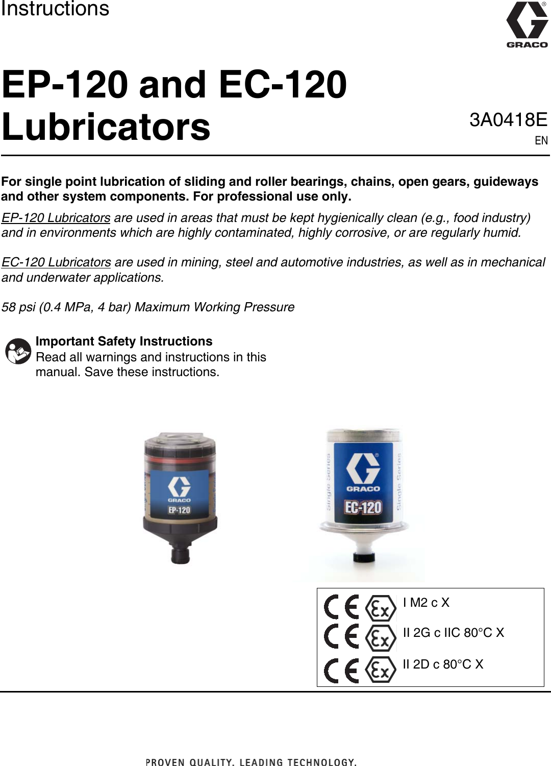 Graco 3A0418E Ep 120 And Ec Lubricators Users Manual 120, Lubricators ...