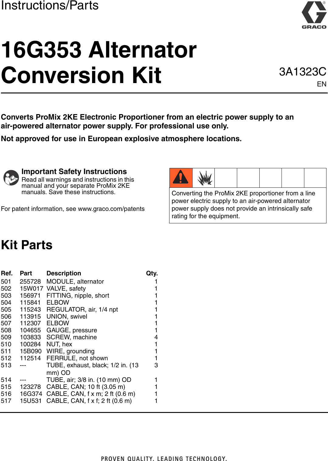 Graco 3A1323C Promix 2Ke Alternator Power Conversion Kit Users Manual ...