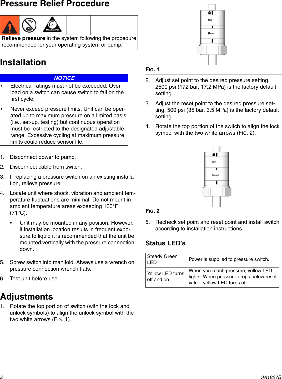 Graco 3A1827B Set Reset Point Pressure Switch Users Manual Set/Reset ...
