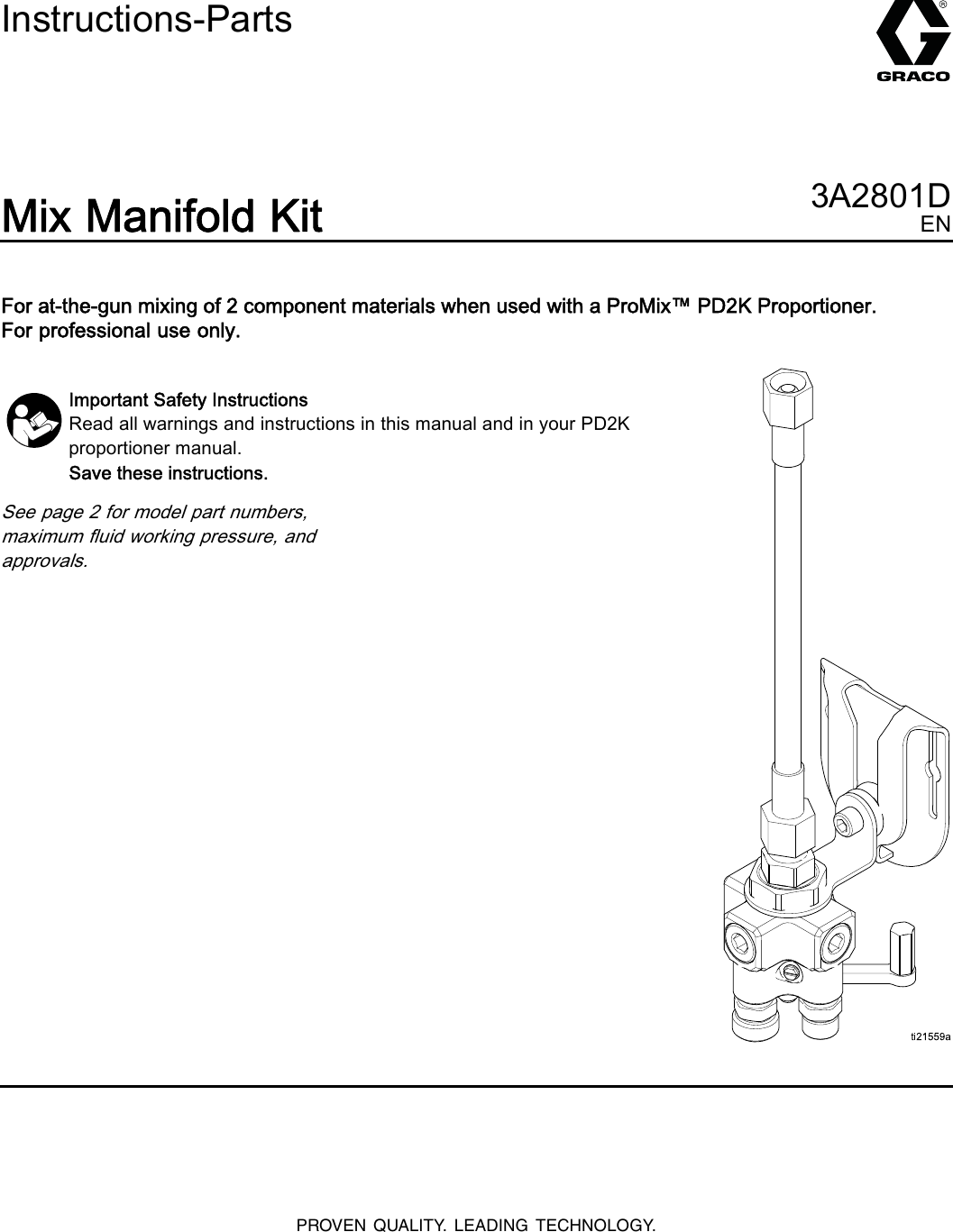 Graco 3A2801D Pd2K Mix Manifold Kit Users Manual 3A2801D, Kit ...