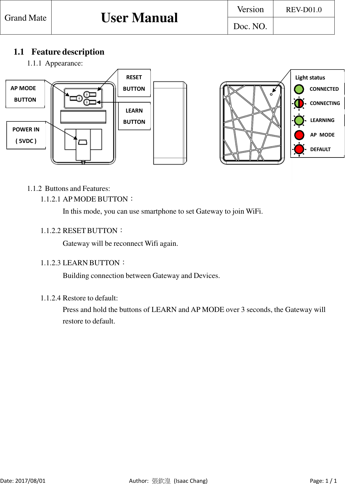 Grand Mate GW-RW01 Gateway User Manual ENG 0170801x