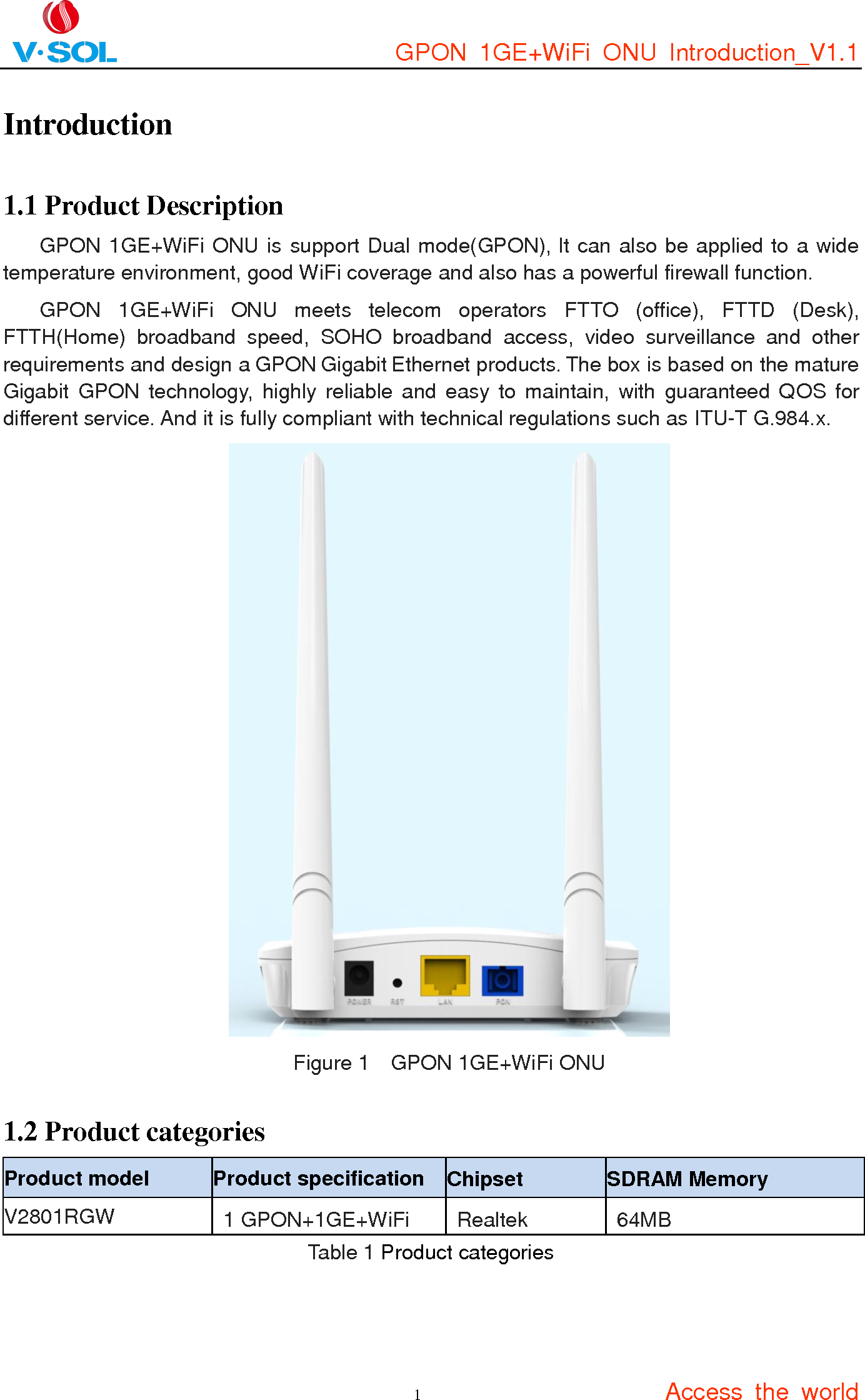 Guangzhou V Solution Telecommunication Technology V2801RGW Fiber Router ...