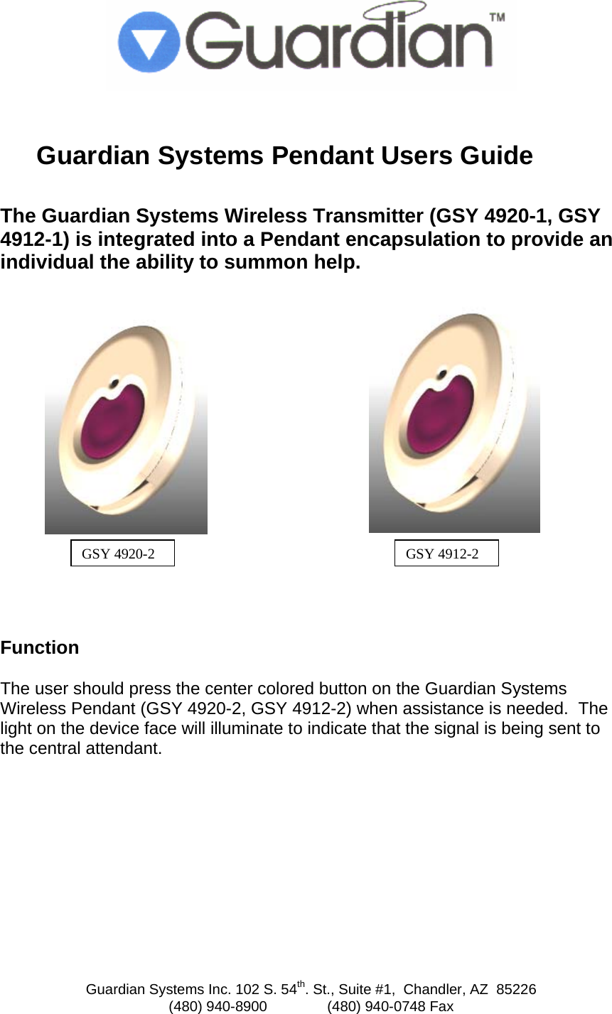 Guardian Systems 4901-418 Alarm Button Transmitter User Manual FCC ...