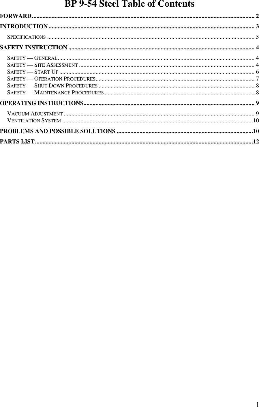 BP 9 54 Steel Owners Manual With Table Of Content