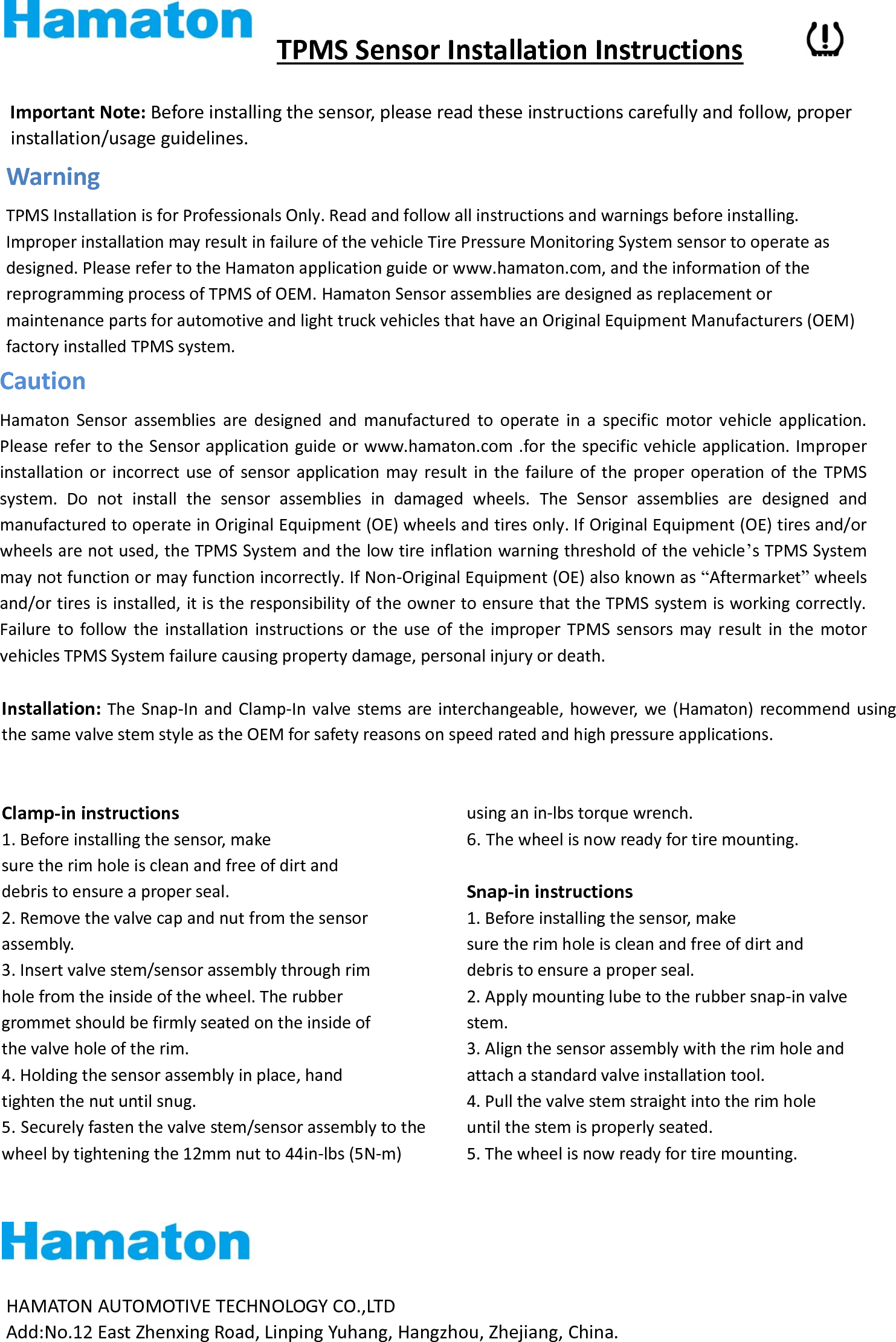 HAMATON AUTOMOTIVE TECHNOLOGY PHT100 TPMS Sensor User Manual TPMS ...