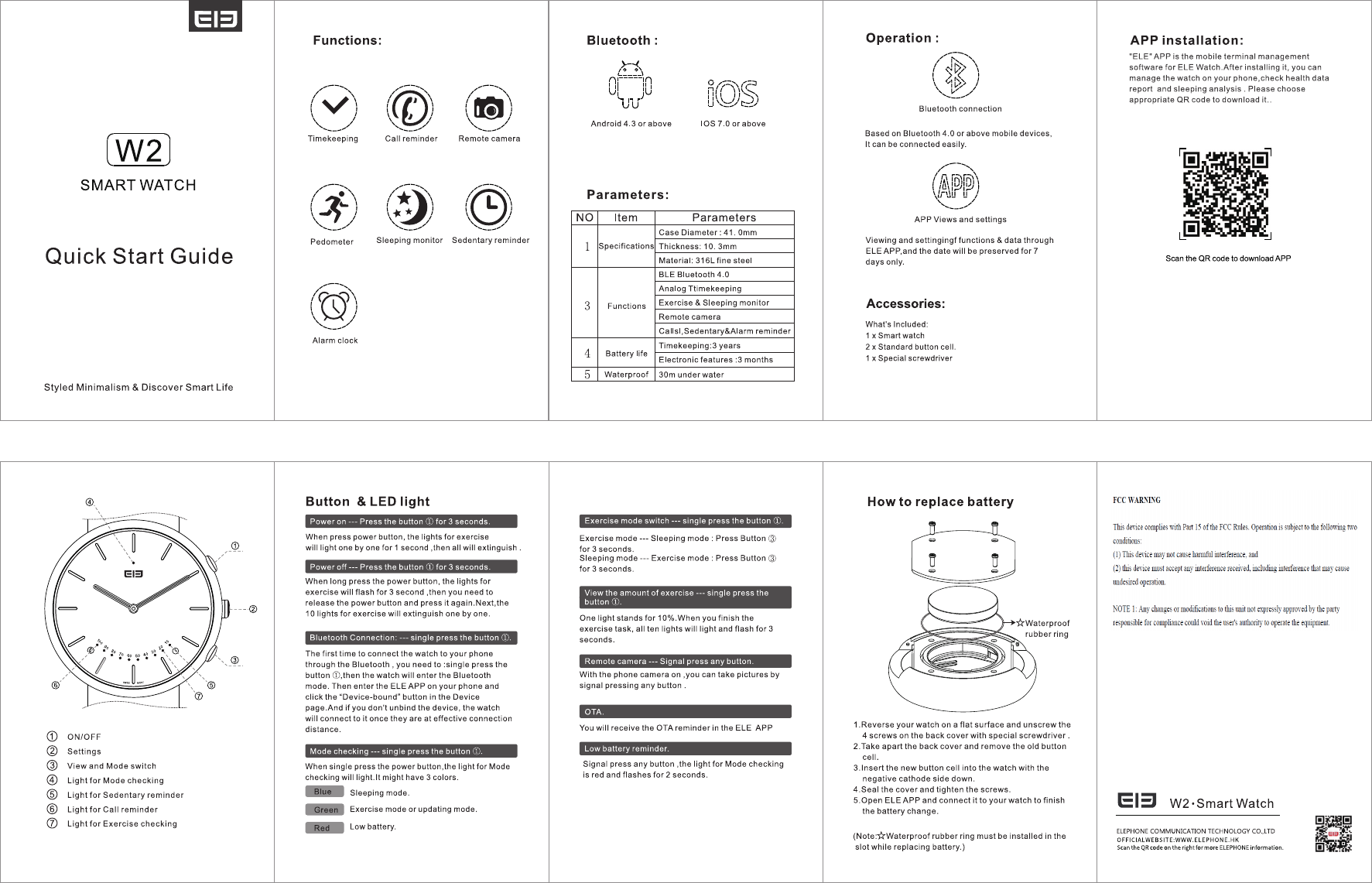 HK ELEPHONE COMMUNICATION TECH W2 Smart Watch User Manual