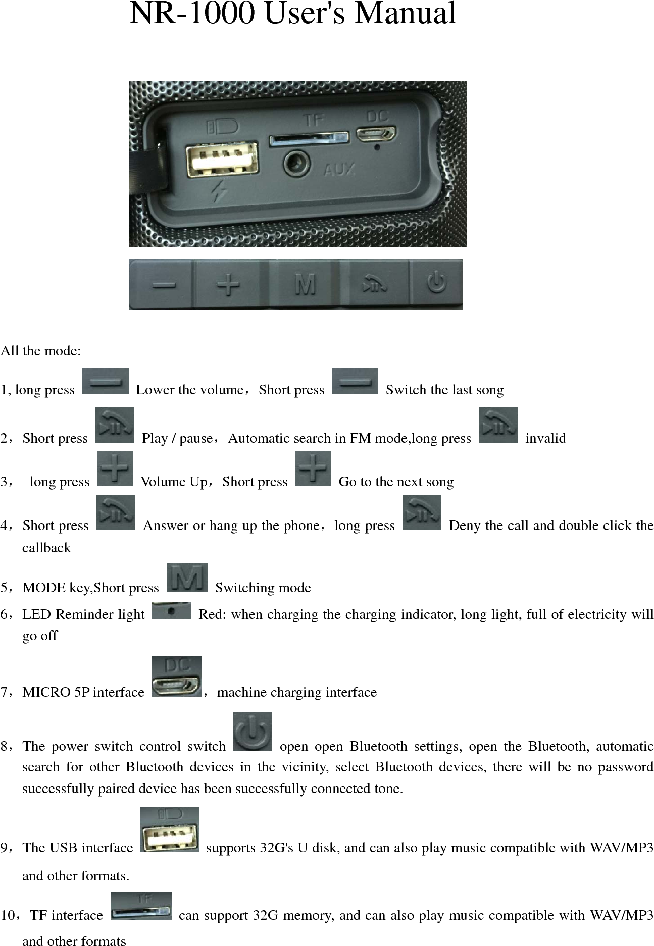 HONGYESHENG TECHNOLOGY NR-1000 Bluetooth speaker User Manual
