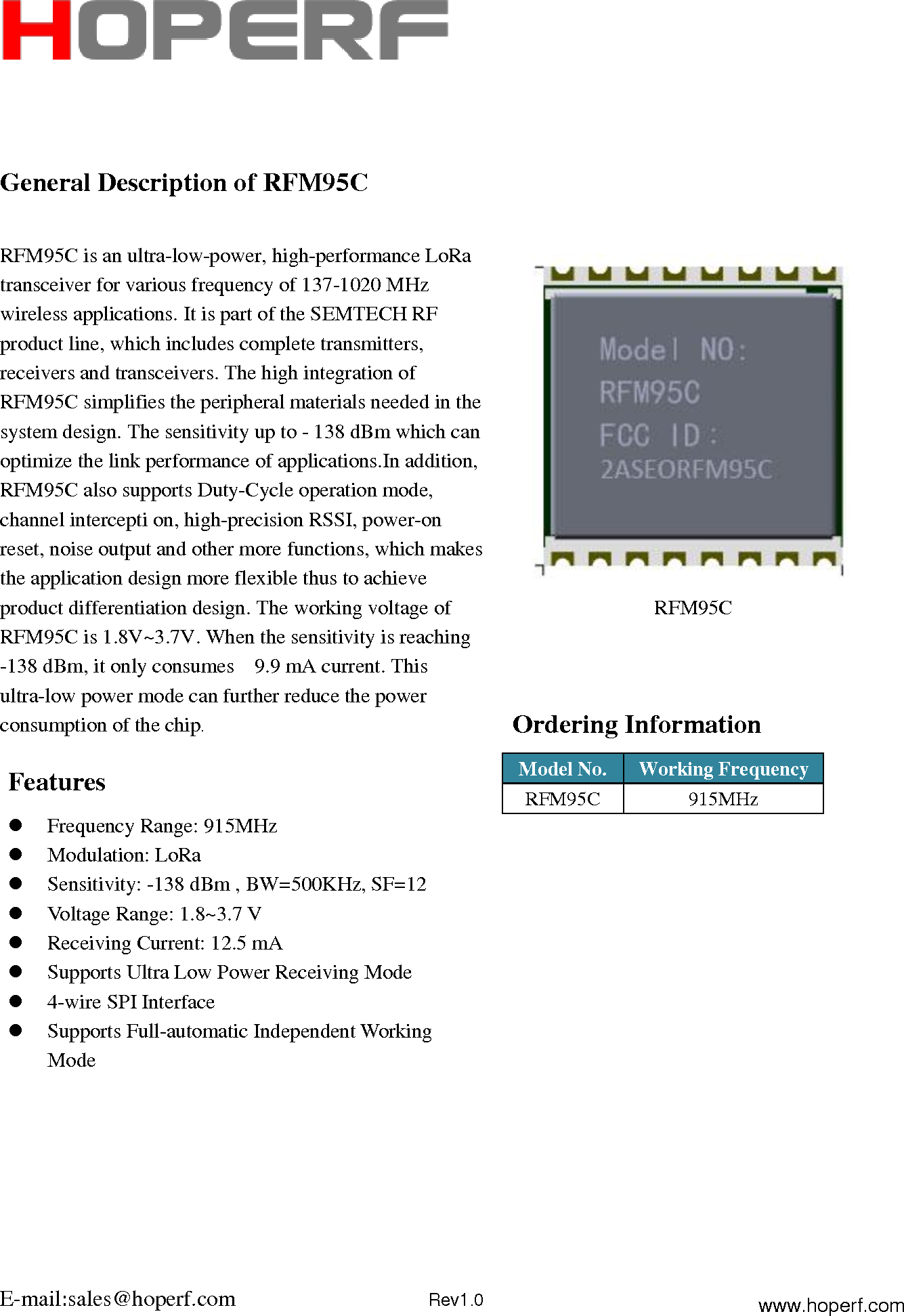 HOPE Microelectronics RFM95C LoRa Wireless module User Manual