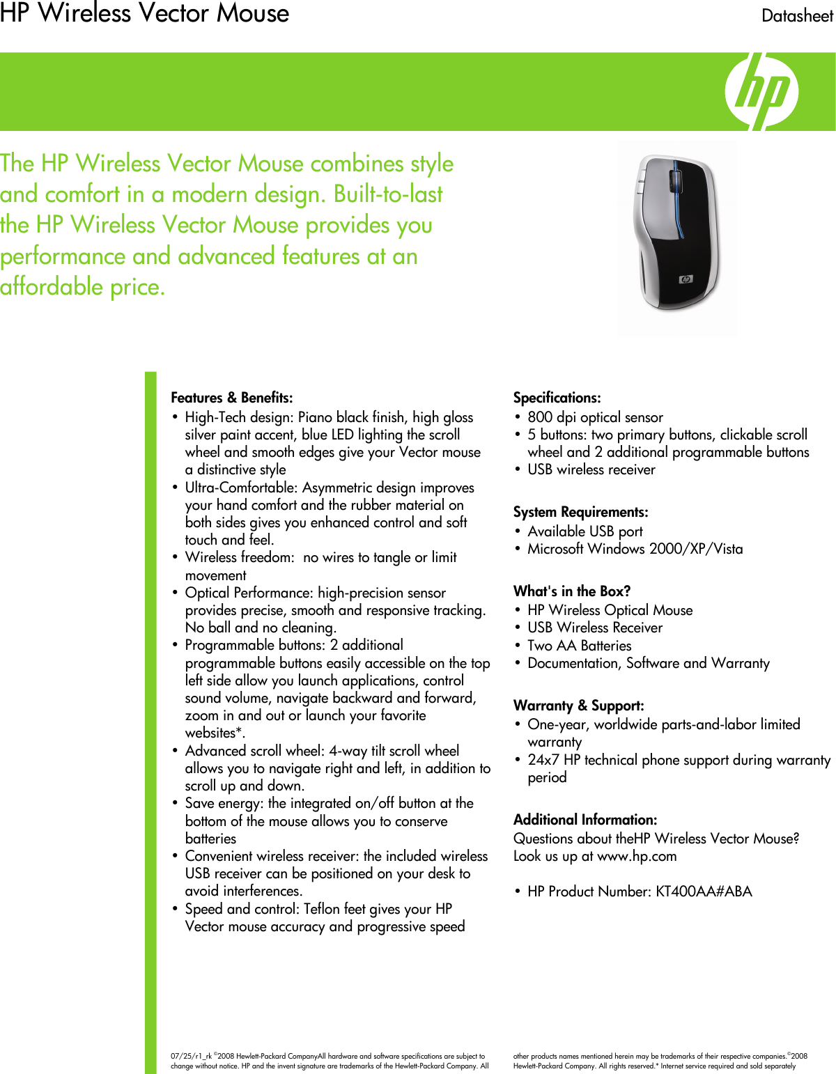 HP Pavilion Data Sheet Wireless Vector Mouse Datasheet C01527289