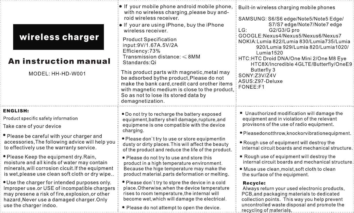 HUAHAI ELECTRONICS HH-HD-W001 wireless charger User Manual