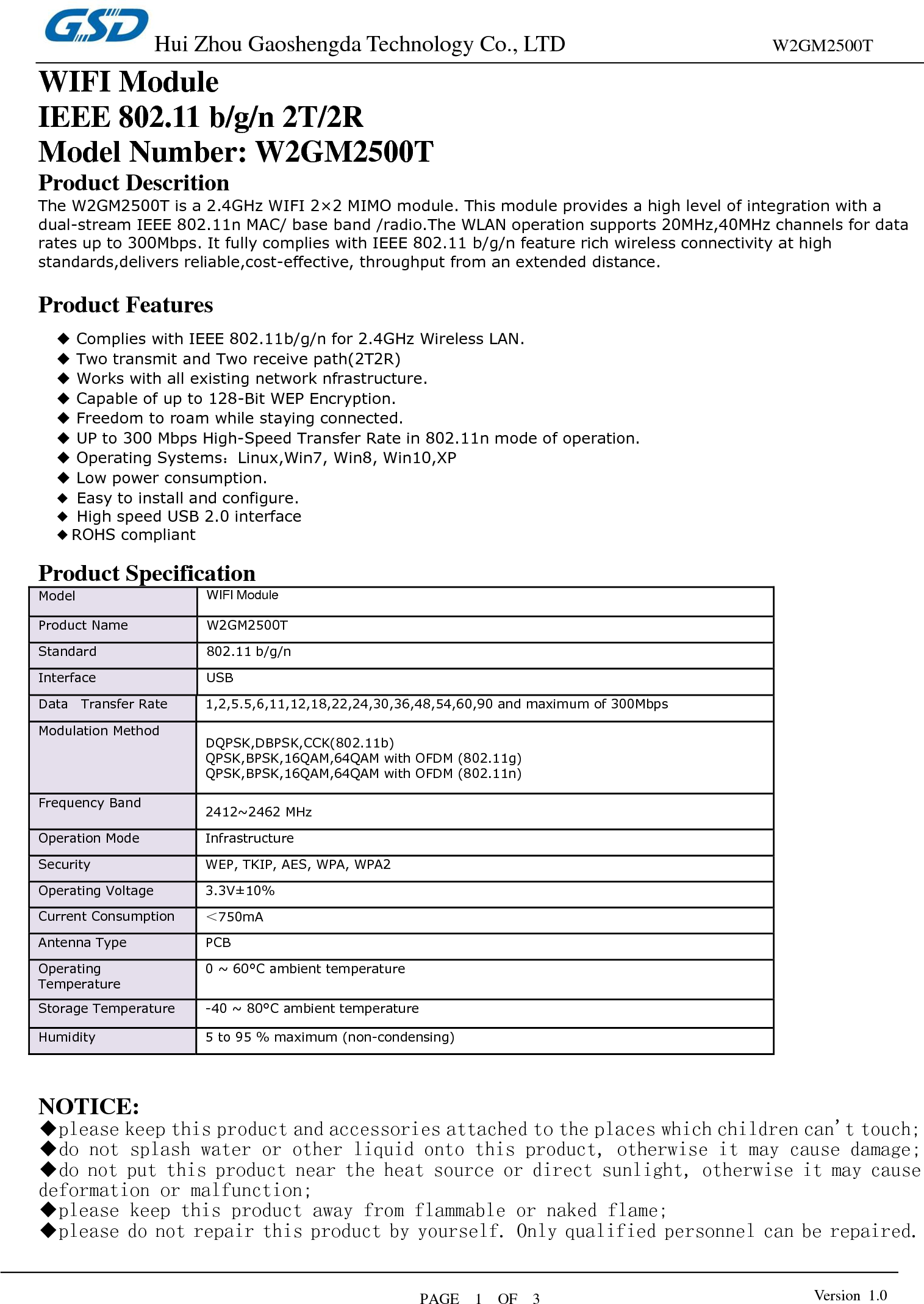 HUIZHOU GAOSHENGDA TECHNOLOGY W2GT WIFI Module User Manual