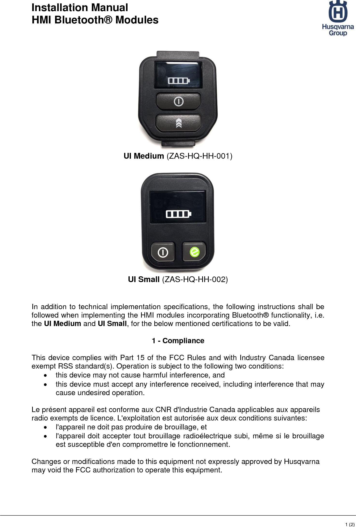 HUSQVARNA HQ-HH-001 BLE Module User Manual