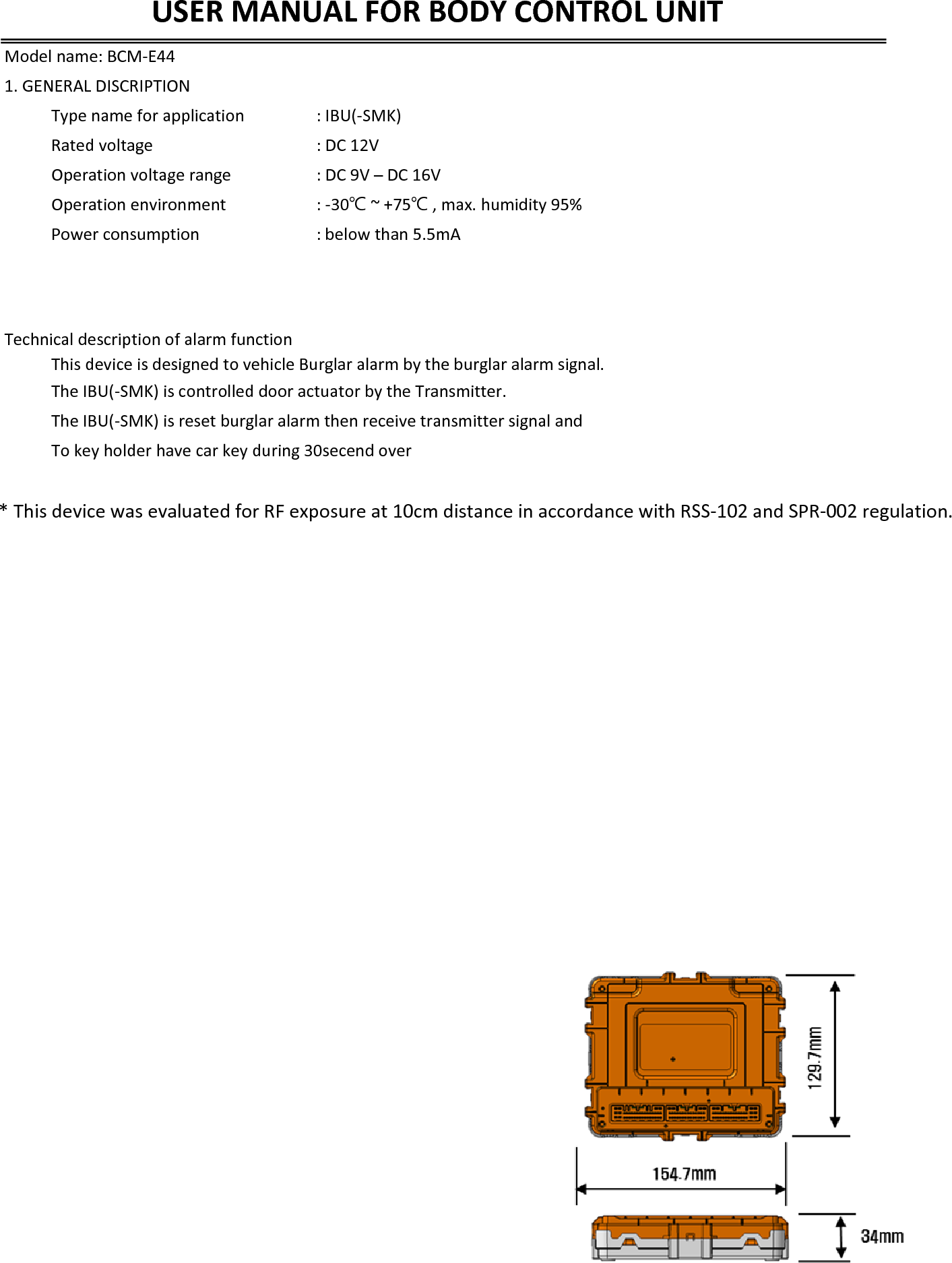 HYUNDAI MOBIS BCM-E44 BODY CONTROL UNIT User Manual