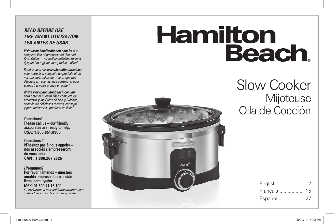 Hamilton Beach Slow Cooker 840229800 Env02 Indd 1 Users Manual Print Specs