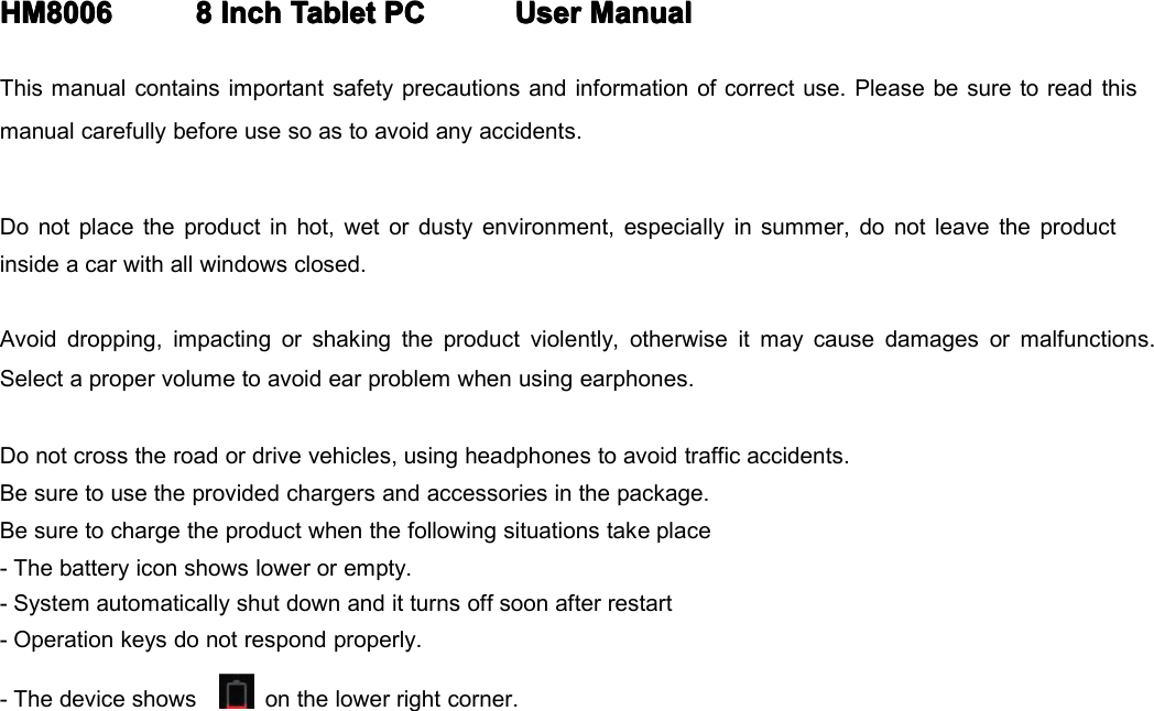 Handxom Technology HMQ8006 8 Inch Tablet PC User Manual HM7006