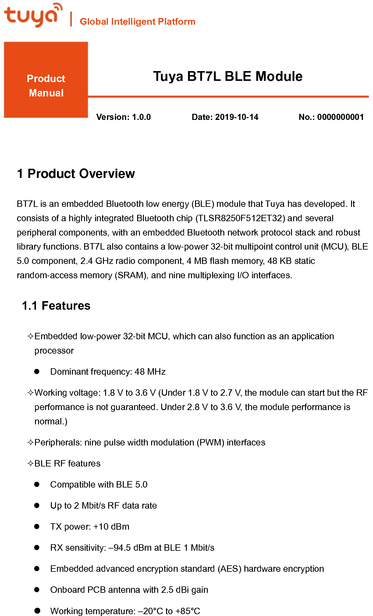 Hangzhou Tuya Information Technology BT7L BLE Module User Manual