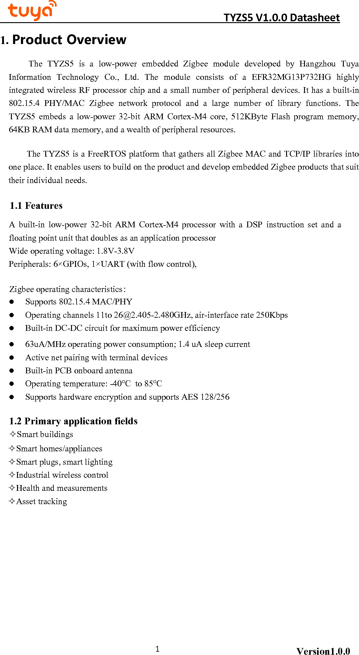 Hangzhou Tuya Information Technology TYZS5 Zigbee Module User Manual x0001