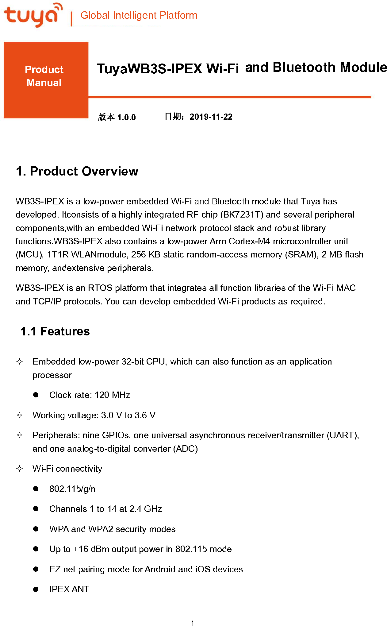 Hangzhou Tuya Information Technology WB3S-IPEX Wi-Fi and Bluetooth Module User Manual ...