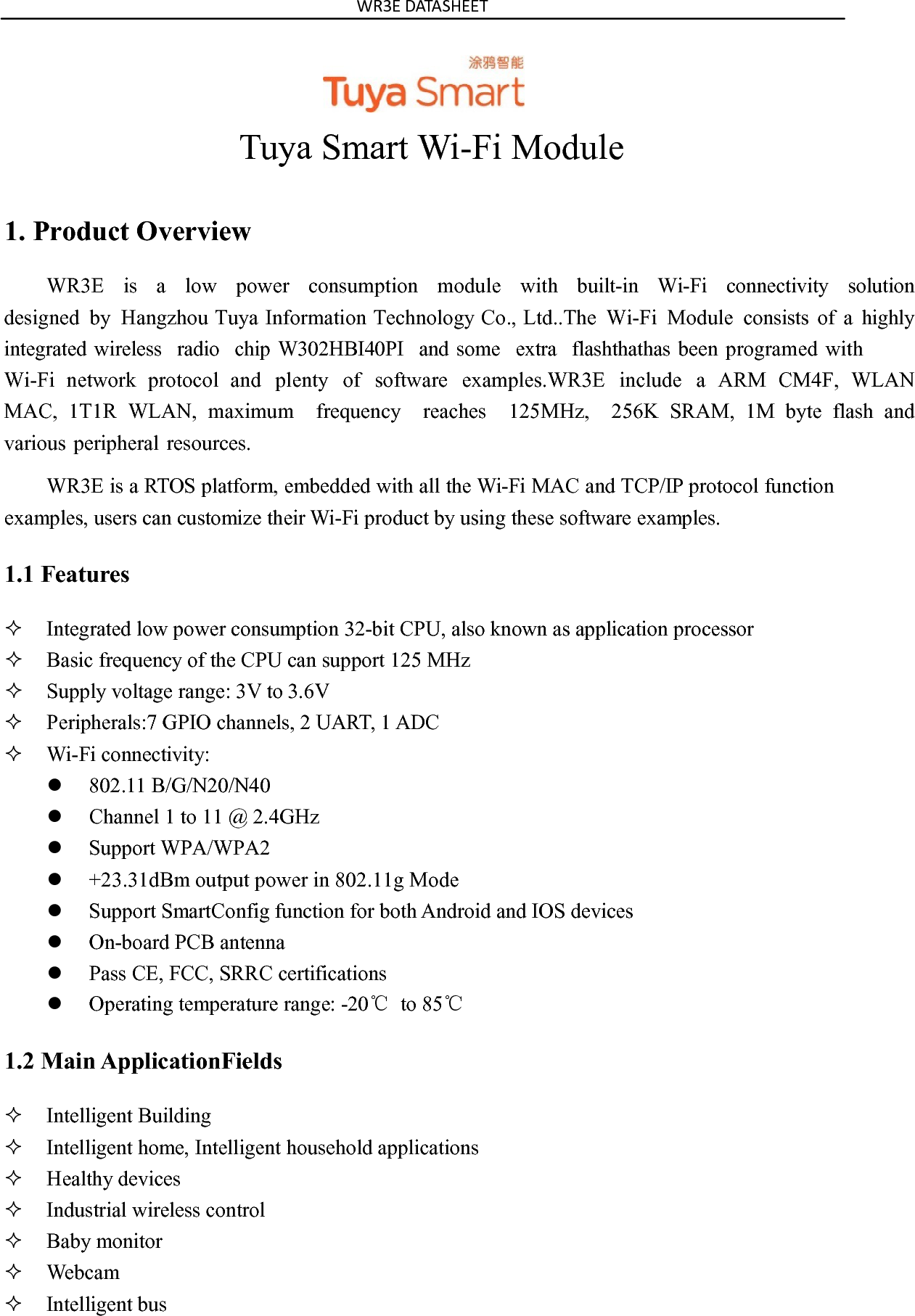 Hangzhou Tuya Information Technology WR3E Wi-Fi Module User Manual