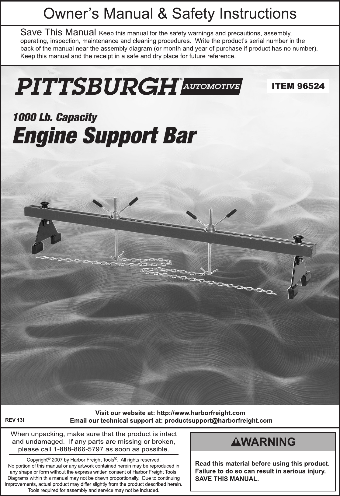 Harbor Freight 1000 Lb Capacity Engine Support Bar Product Manual