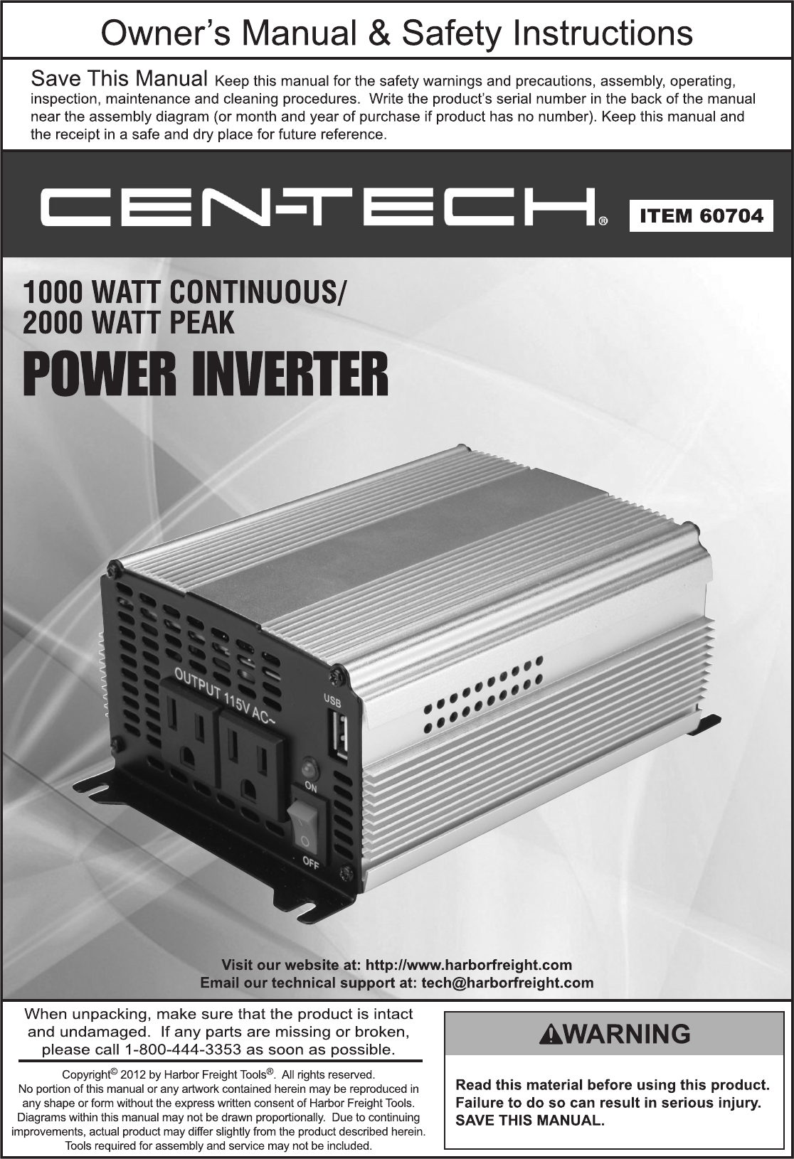 Harbor Freight 1000 Watt Continuous 2000 Peak Power Inverter Product Manual