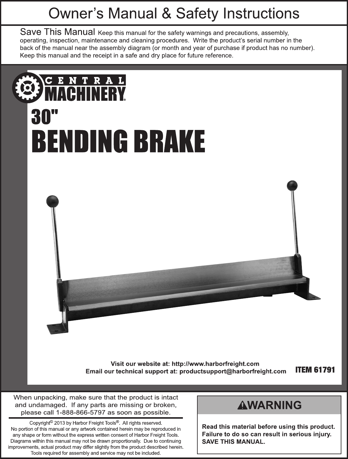 Harbor Freight 30 In Bending Brake Product Manual
