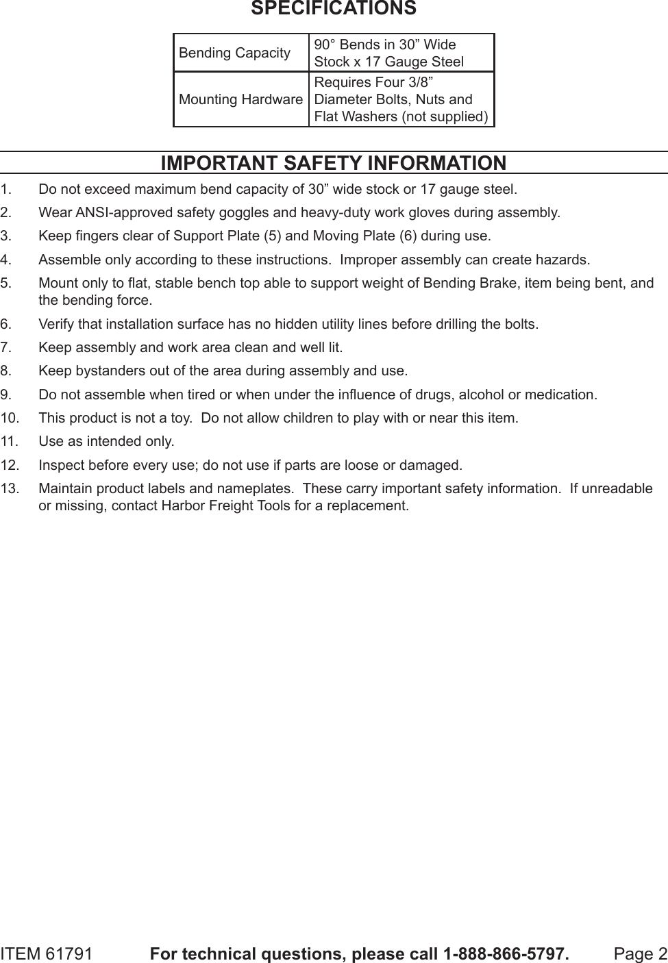 Harbor Freight 30 In Bending Brake Product Manual