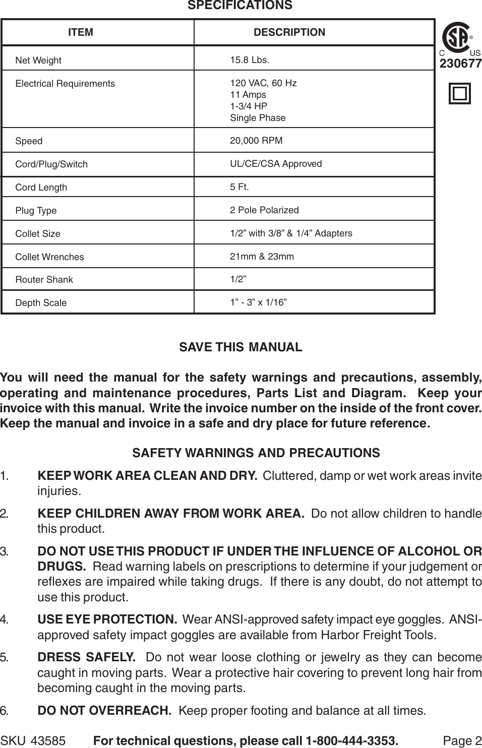 Harbor Freight 43585 Users Manual Router