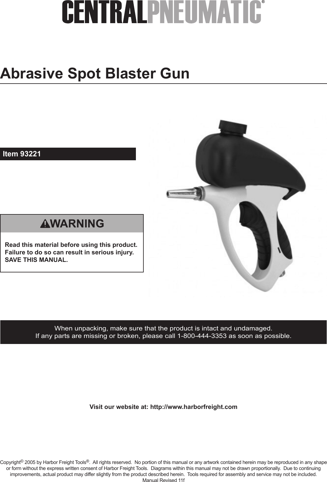 Harbor Freight Gravity Feed Blaster Gun With 9 Oz Hopper Product Manual