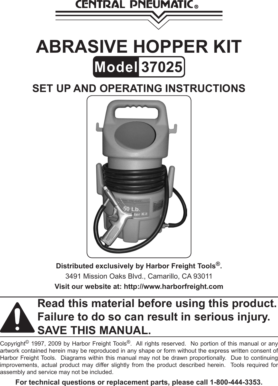Harbor Freight Portable Abrasive Blaster Kit Product Manual