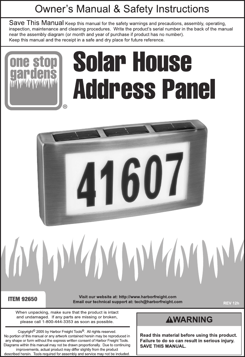 Harbor Freight Solar House Address Number Plaque Product Manual