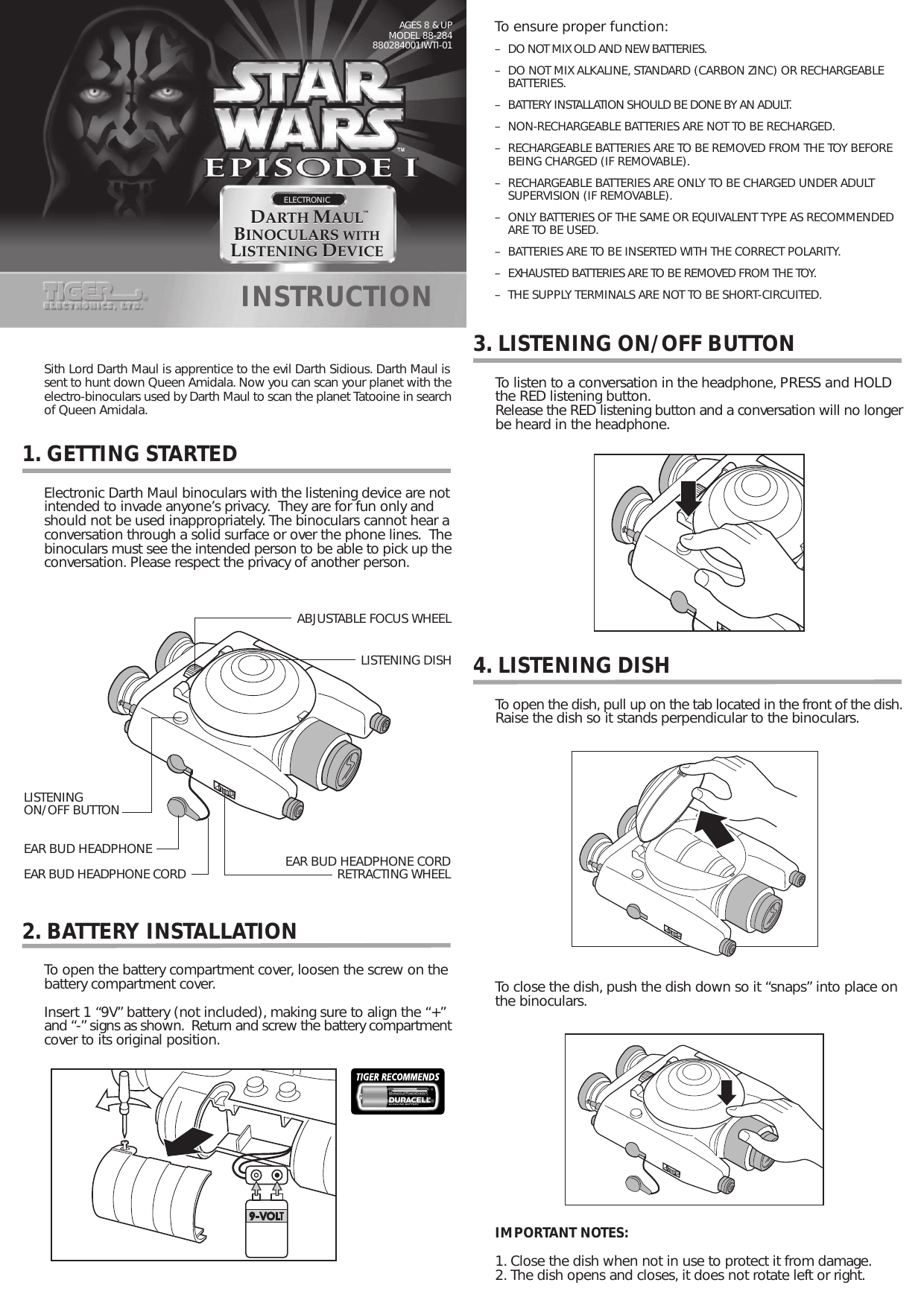 Hasbro Darth Maul Binoculars With Listening Device 88 284 Users Manual