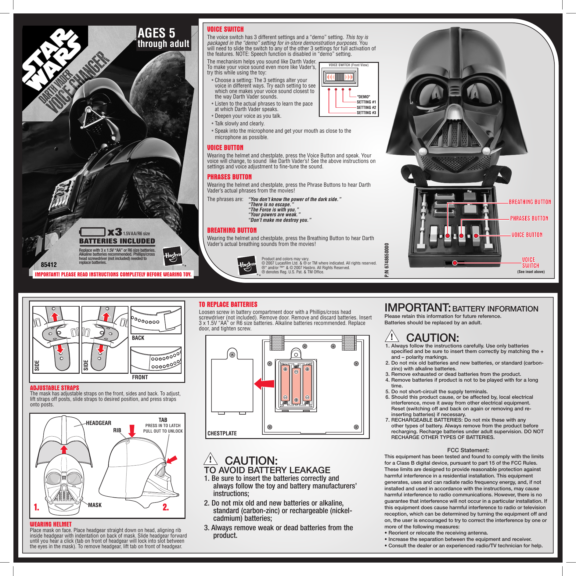 Hasbro Star Wars Darth Vader Voice Changer 85412 Users Manual