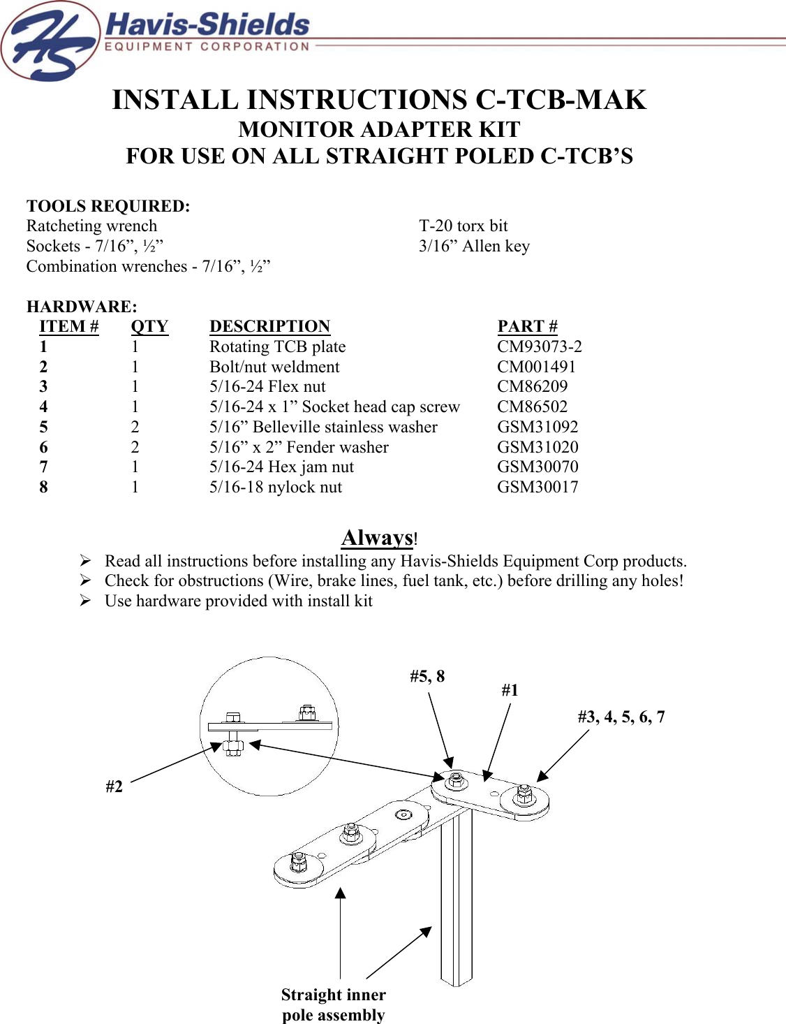 Havis Shields Monitor Adapter Kit C Tcb Mak Users Manual INST 9 06