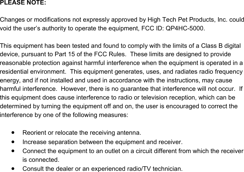 High Tech Pet HC-5000 Pet Containment System User Manual CERTIFICATE OF ...