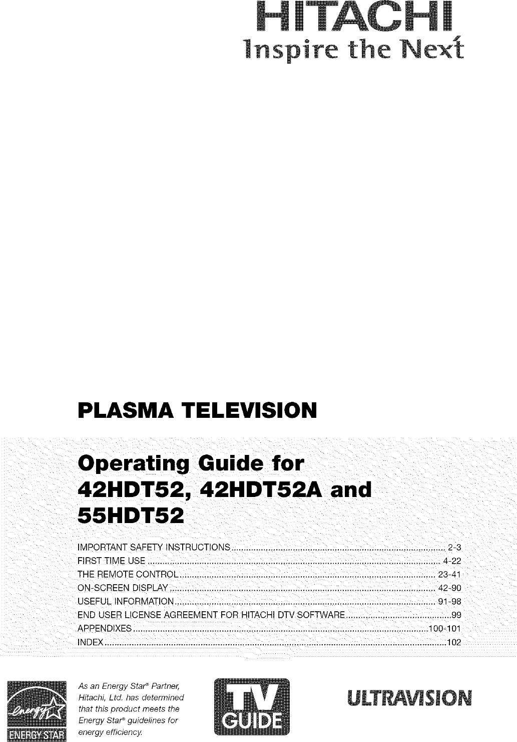 Hitachi 42HDT52 User Manual TV PLASMA Manuals And Guides L0511339