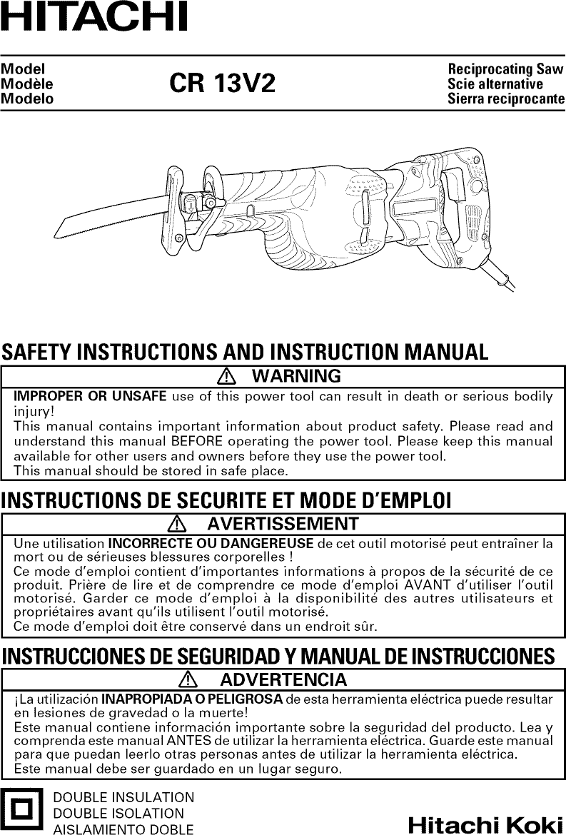 Hitachi CR13V2 1602156L User Manual RECIPROCATING SAW Manuals And Guides