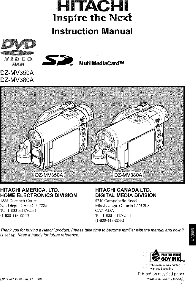 Hitachi DZ MV350A User Manual DVD VIDEO CAMERA Manuals And Guides L0311348