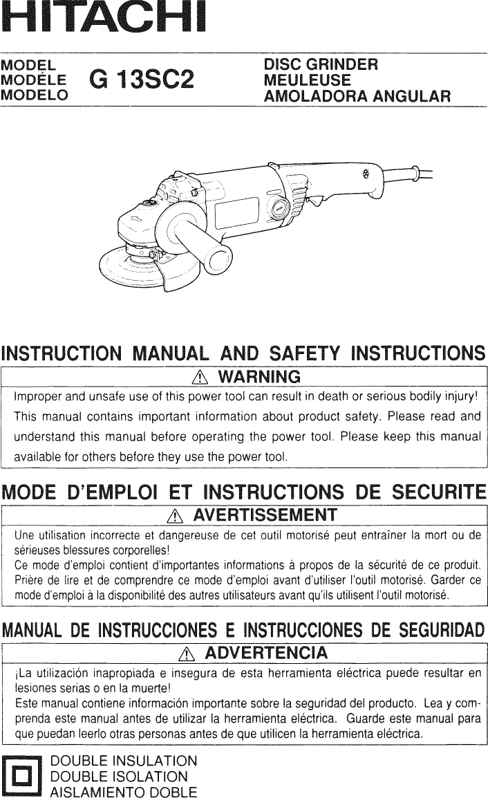 Hitachi G13SC2 User Manual ANGLE GRINDER Manuals And Guides 1509073L